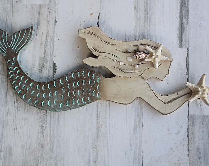 19" Wooden Mermaid Wall Art, Ombre Painted Tail Mermaid Decor, Mermaid ...