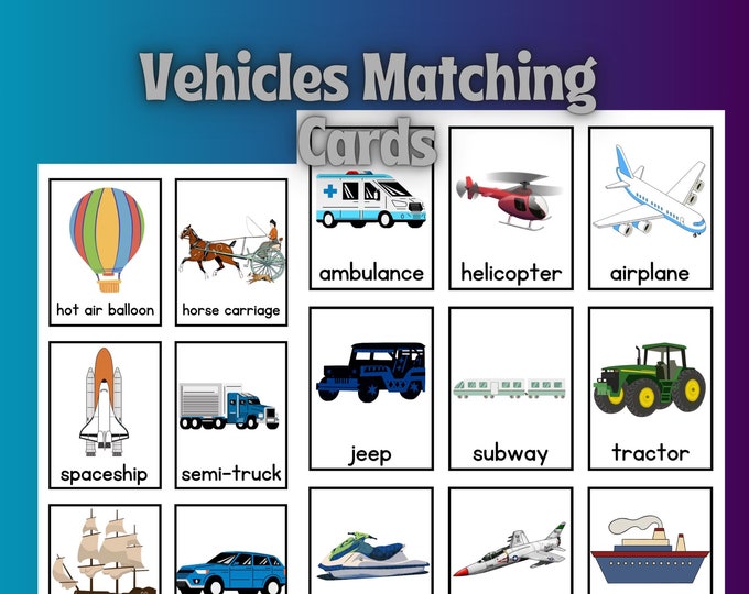 Vehicle Matching Cards, Matching Game for Kids, Toddler Matching ...