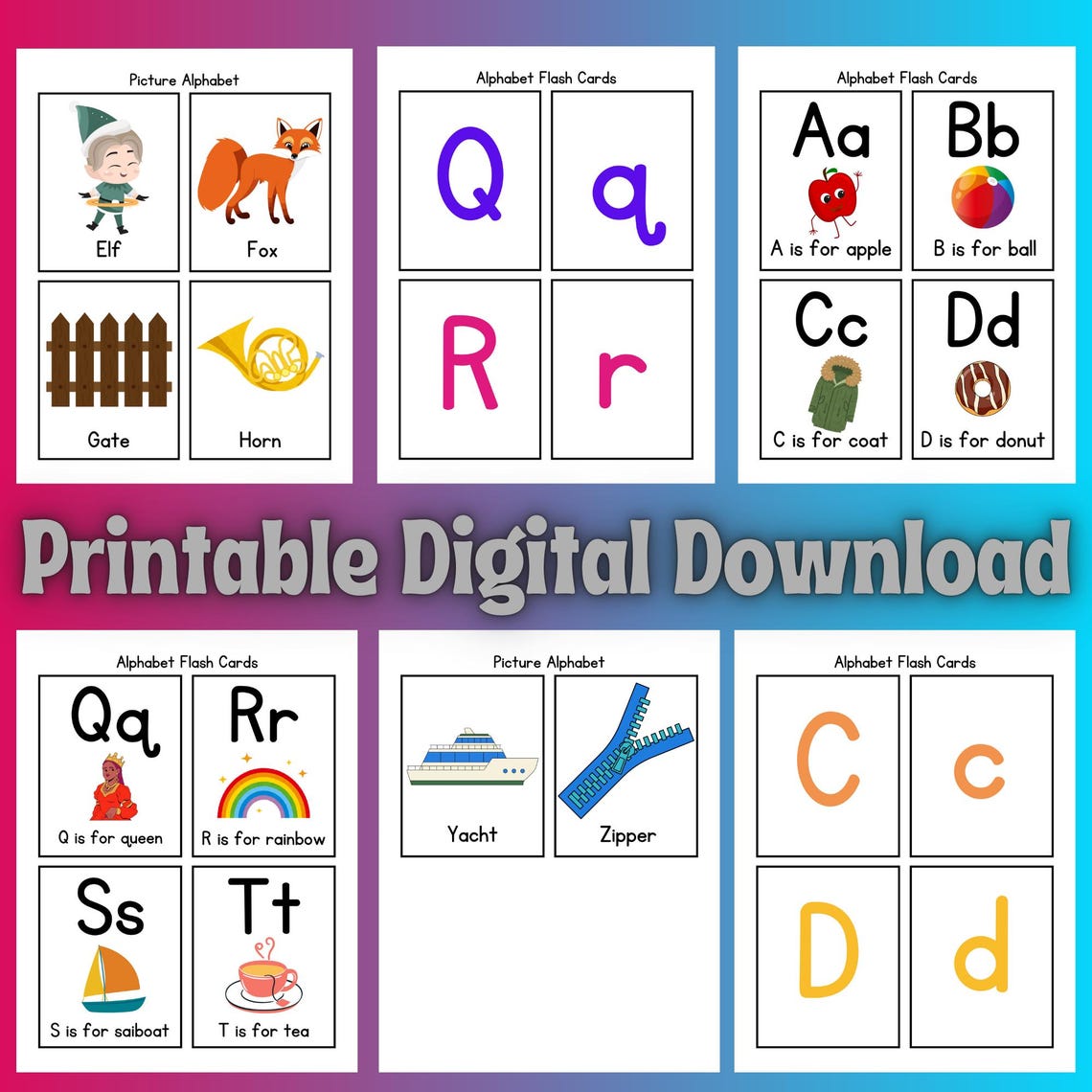 Printable Alphabet Flash Cards: A-Z, Sight Words (PDF) - Etsy