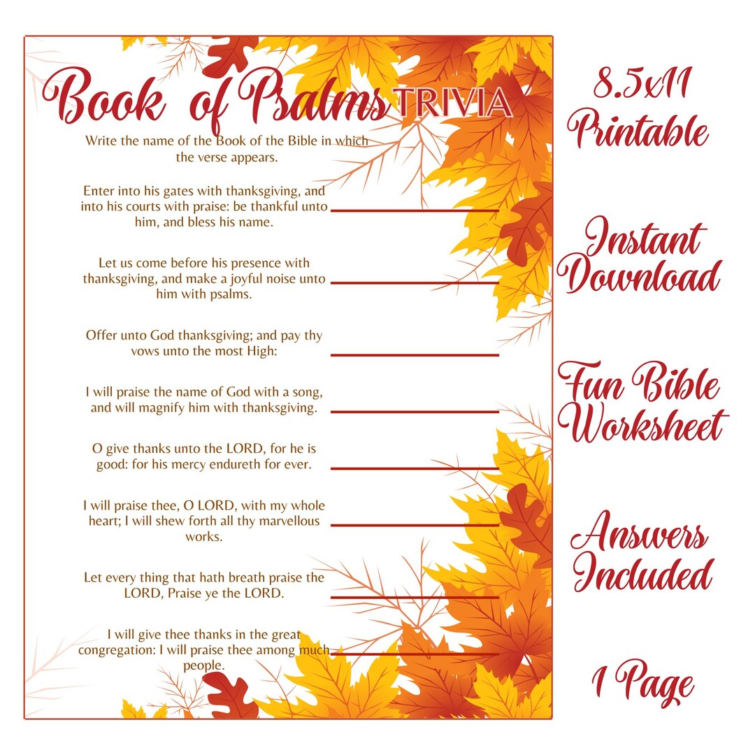 Book of Psalms Trivia Game, Fall Bible Word Game, Autumn Bible Game ...