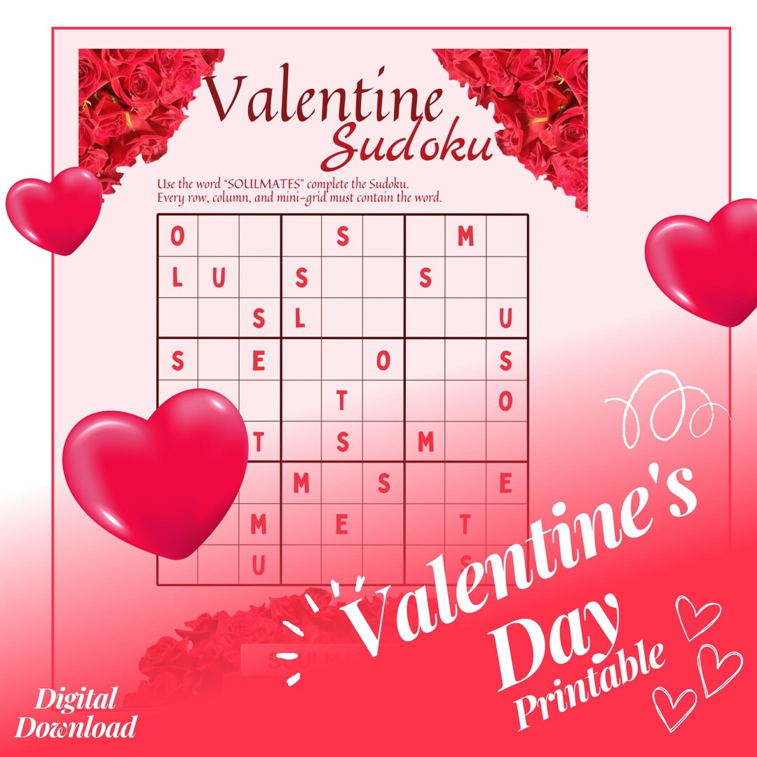 Valentine's Day Sudoku Printable Valentine's Day Game Valentine Party ...