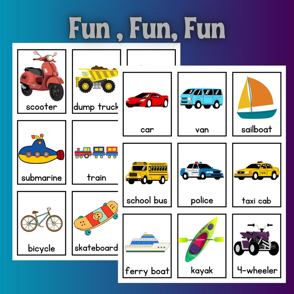 Vehicle Matching Cards, Matching Game for Kids, Toddler Matching ...