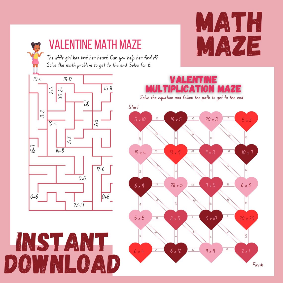 Valentine Math Maze, Valentine Printable Games Kids Valentine Games ...
