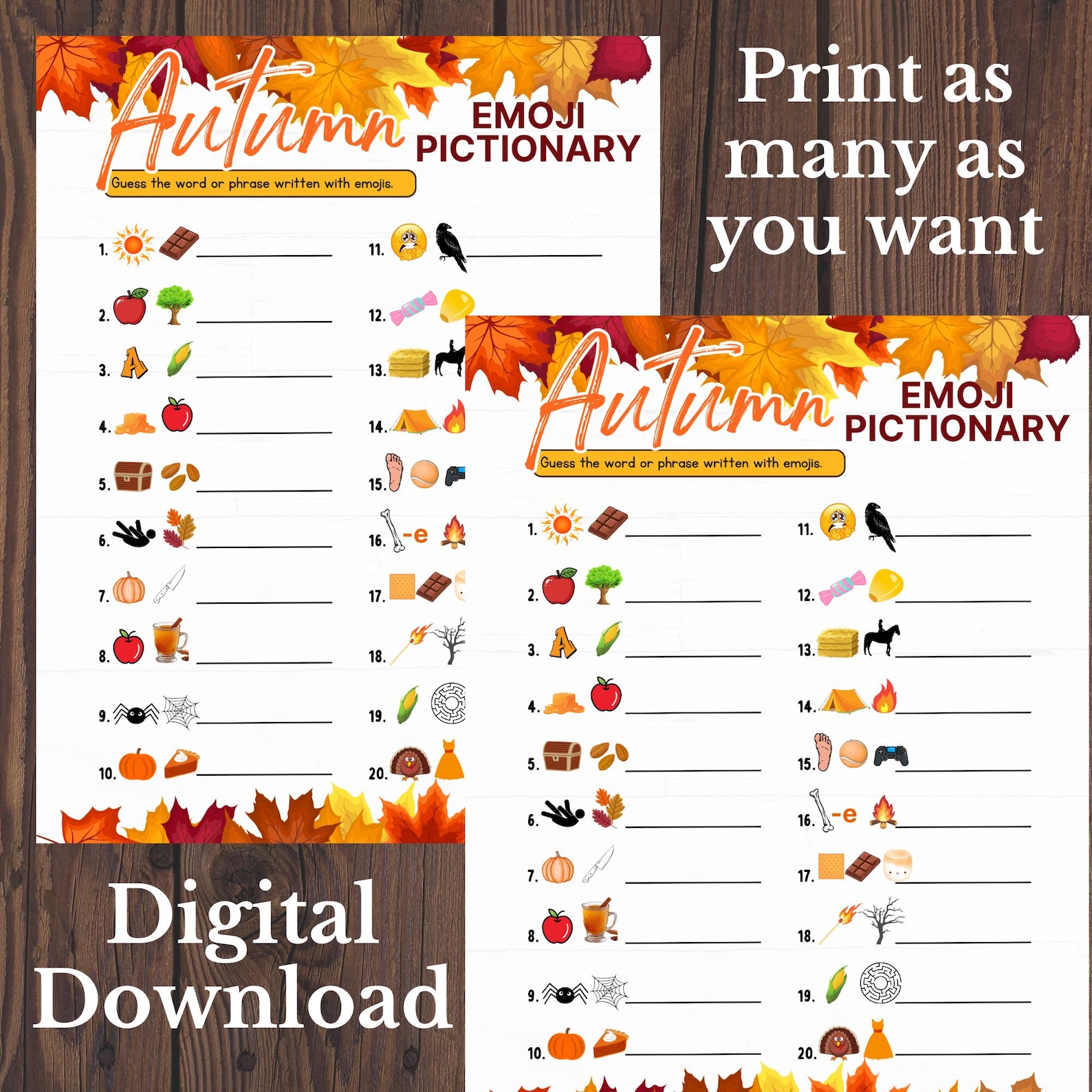 Autumn Emoji Pictionary Game, Printable Fall Party Activity (PDF) - Etsy