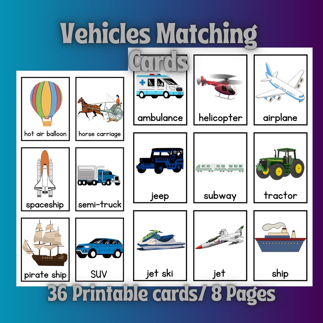 Vehicle Matching Cards, Matching Game for Kids, Toddler Matching ...