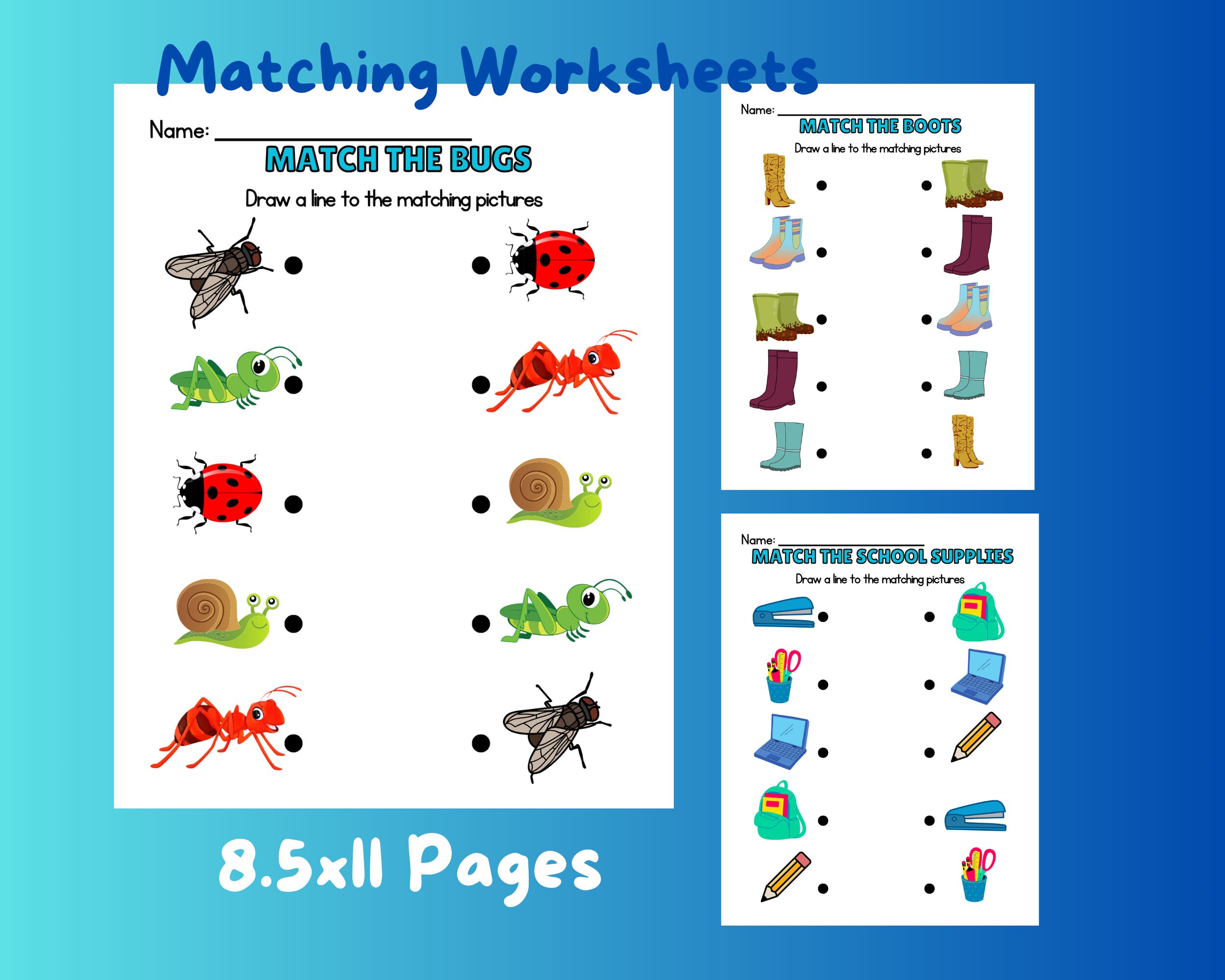 50 Printable Matching Worksheets, Match the Picture, Kindergarten ...