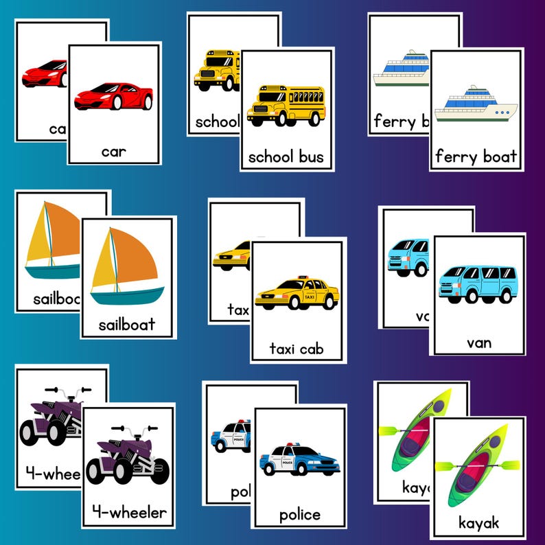 Vehicle Matching Cards, Matching Game for Kids, Toddler Matching ...