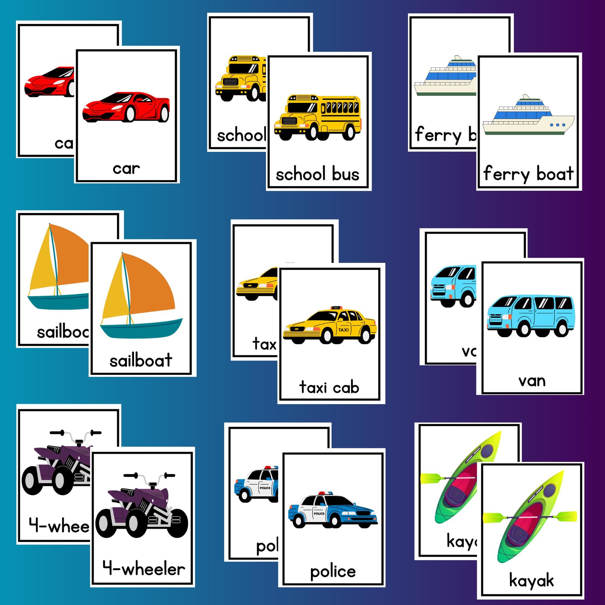 Vehicle Matching Cards, Matching Game for Kids, Toddler Matching ...