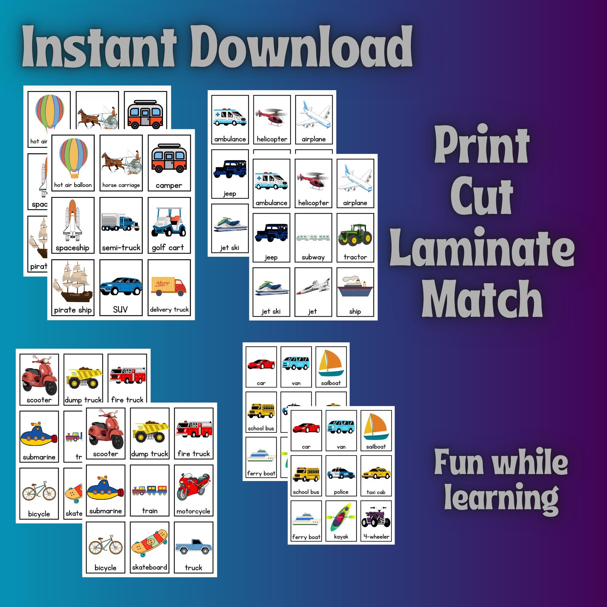 Vehicle Matching Cards, Matching Game for Kids, Toddler Matching ...
