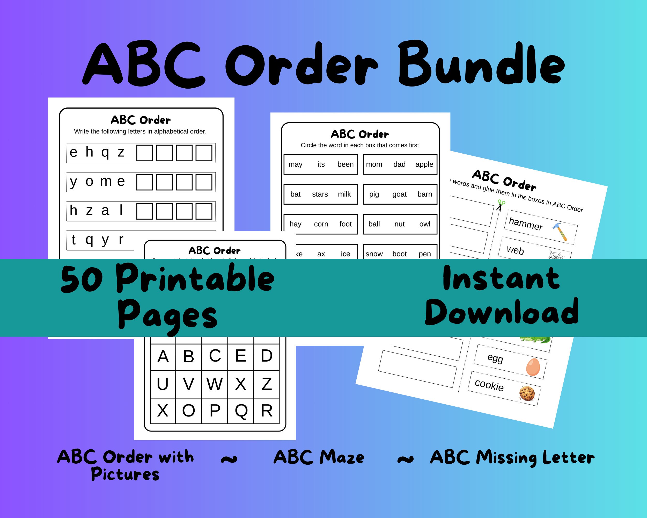 50 ABC Order Worksheets: Alphabet Recognition, Cut & Paste (printable ...