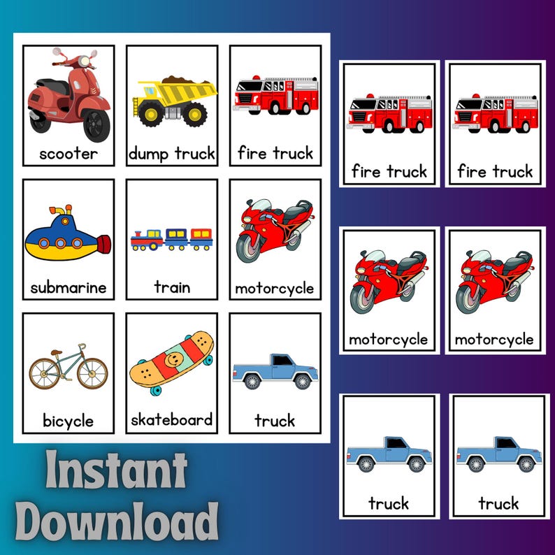 Vehicle Matching Cards, Matching Game for Kids, Toddler Matching ...