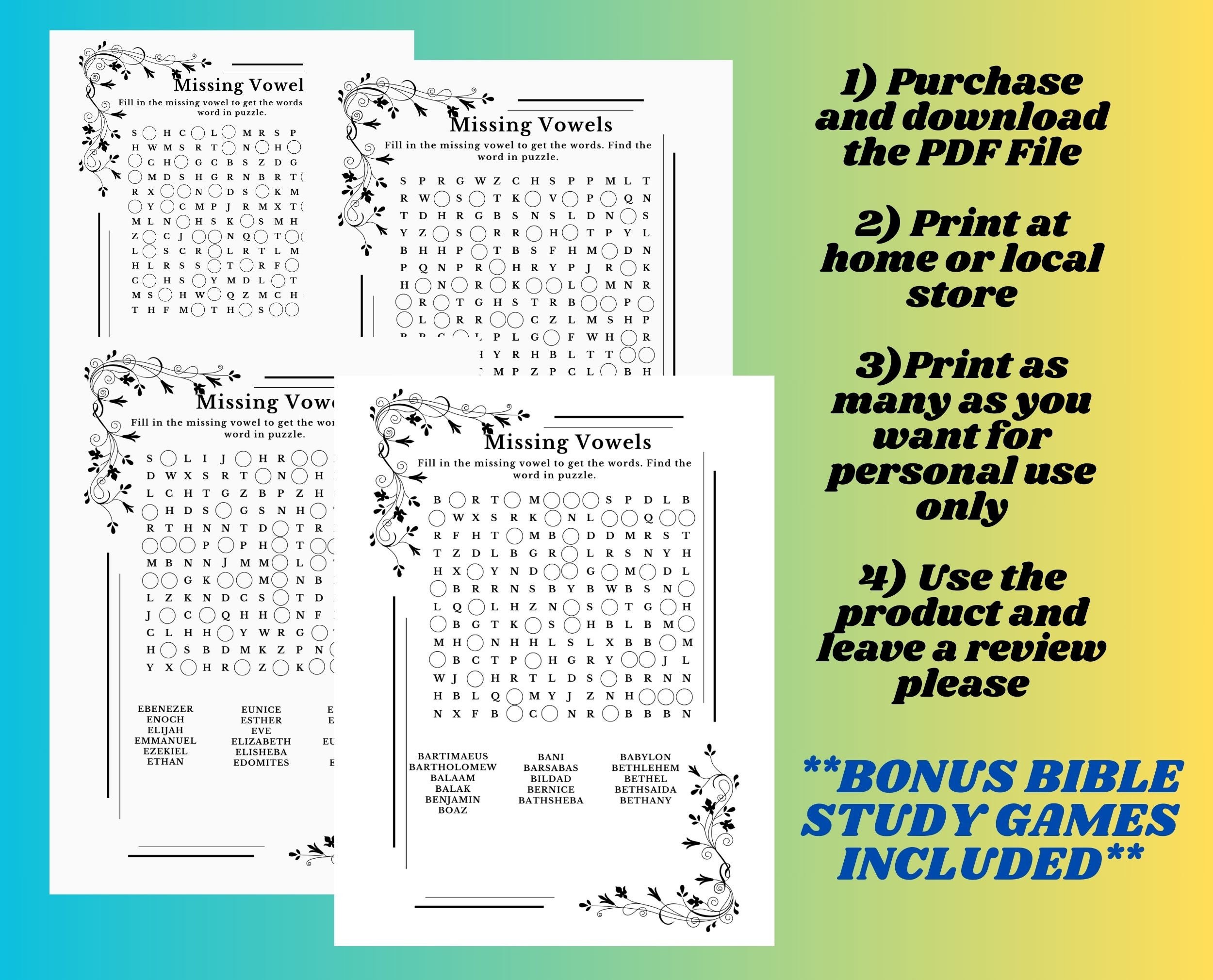 Bible Word Hunt, Missing Vowel Puzzles, Bible Printables, Printable ...
