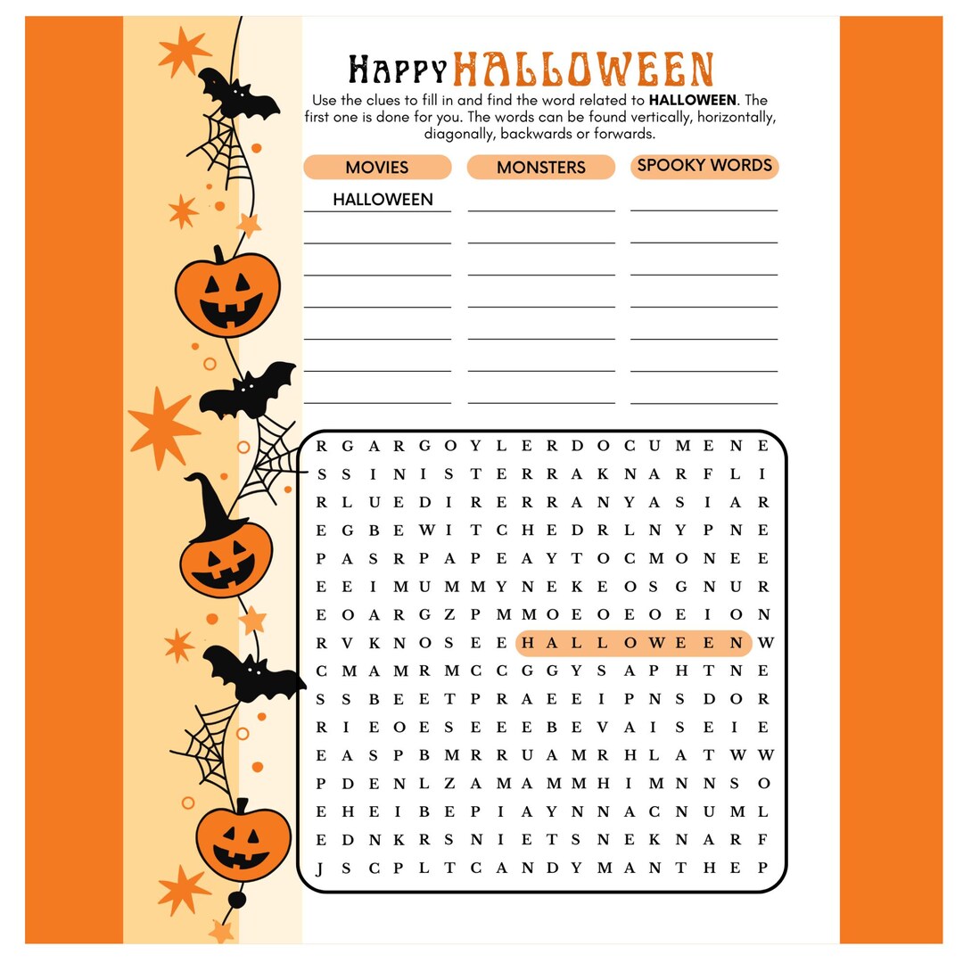 Printable Halloween Word Search, Holiday Party Game (PDF) - Etsy