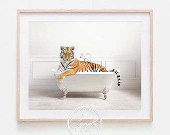 Three Baby Tigers in Bathtub Print, Tiger Cubs Taking Bath, Whimsy Animal, Bathroom Art ...