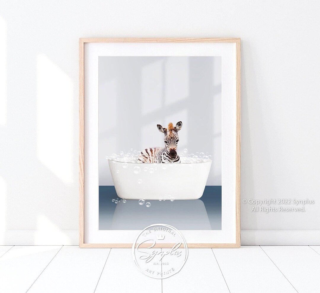 Baby Zebra in Bathtub Print, Zebra Bathing, Kids Bathroom Decor, Navy ...