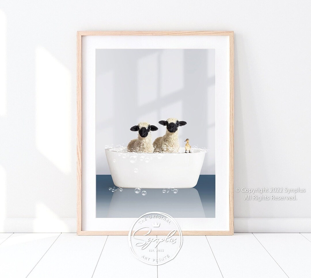 Two Lambs and Duckling in Bathtub Print, Baby Lamb Bathing, Navy Blue ...