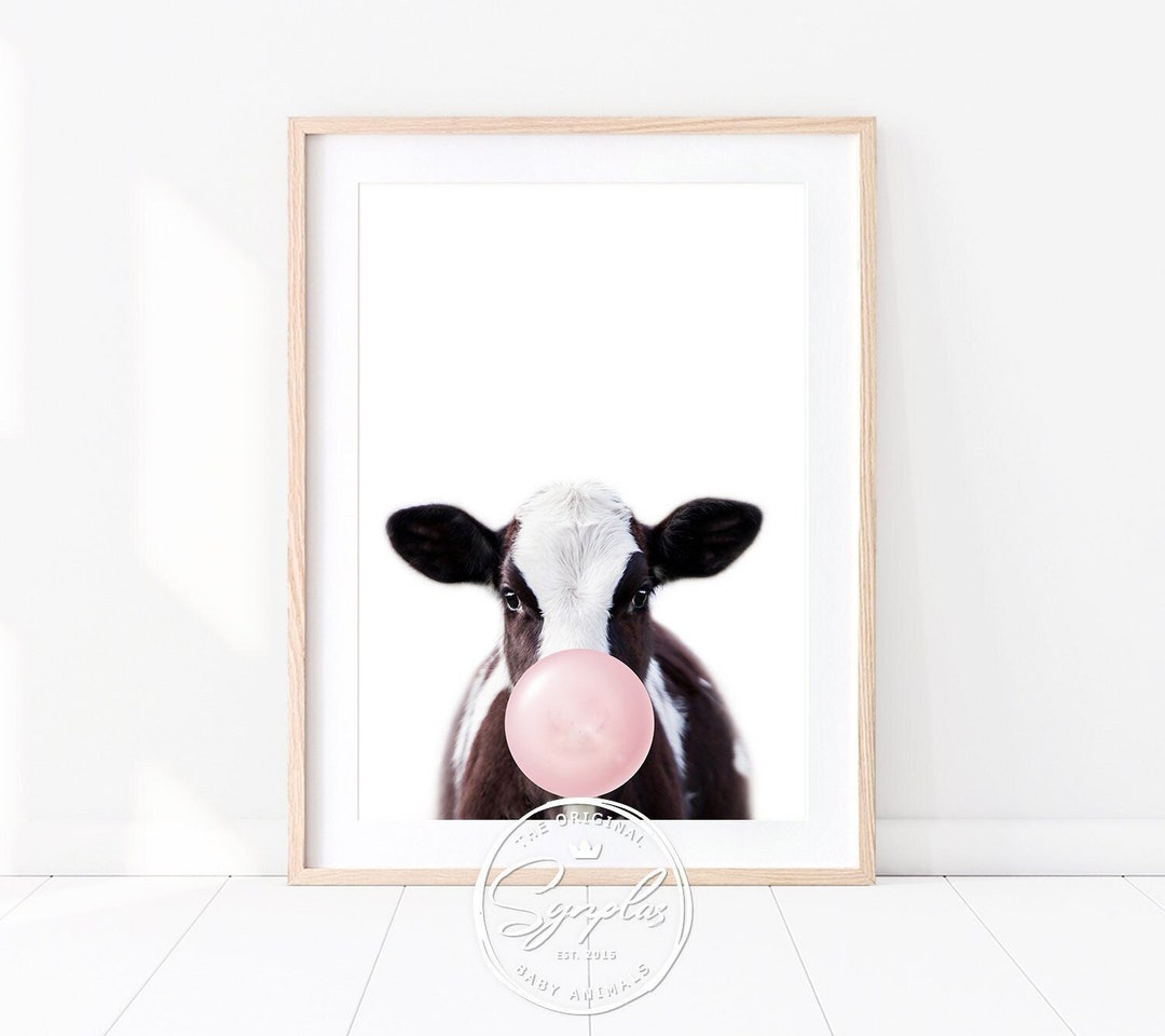 Baby Cow With Pink Bubble Gum Print, Cow Blowing Bubble Gum, Whimsy Art ...
