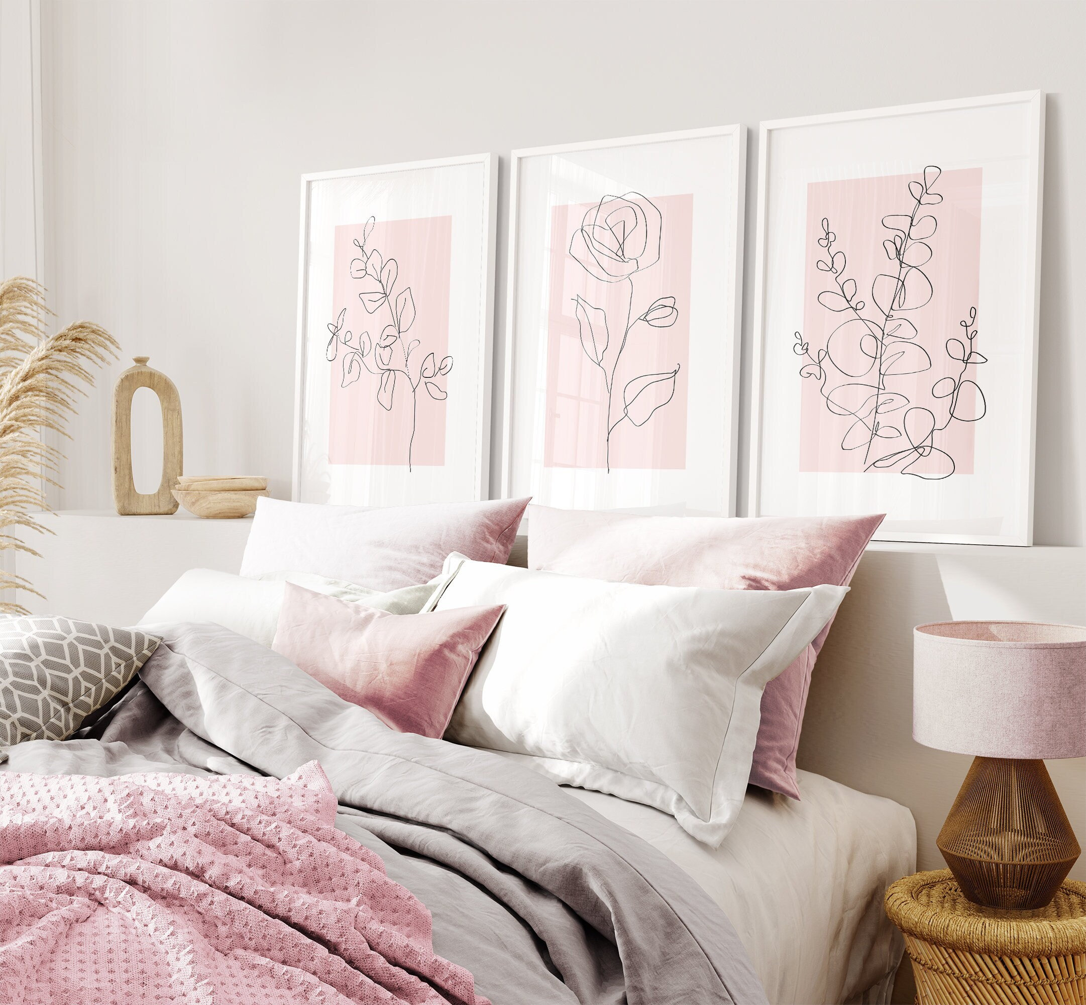 Pink Wall Art Prints, Botanical Line Art, Set of 3 Plant Wall Prints ...