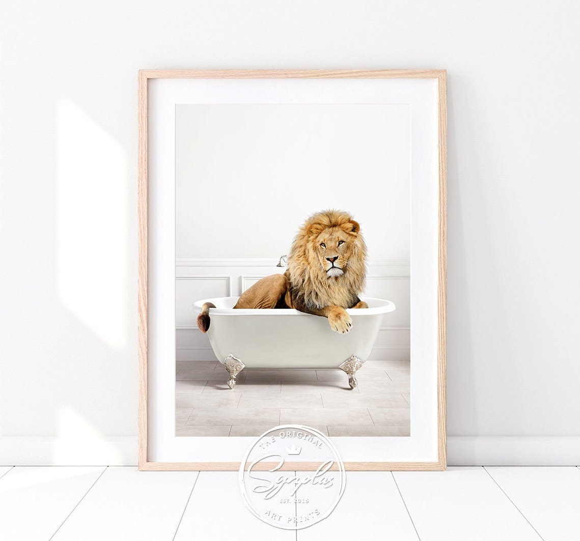 Lion in a Bathtub, Lion Taking a Bath, Lion Bathing, Whimsy Animal ...