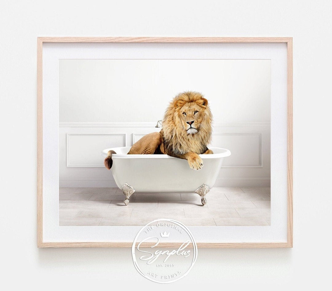 Lion in a Bathtub, Lion Taking a Bath, Lion Bathing, Whimsy Animal ...