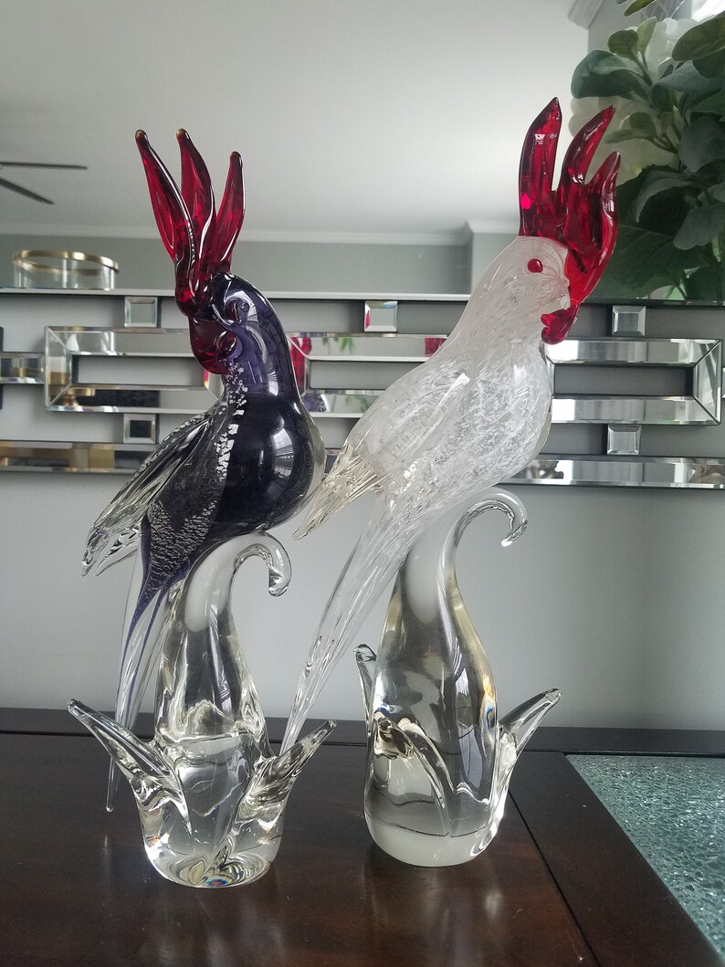 Vintage Murano Glass Sculpture Cockatoo Parrots Set of 2. 13" and 14 ...