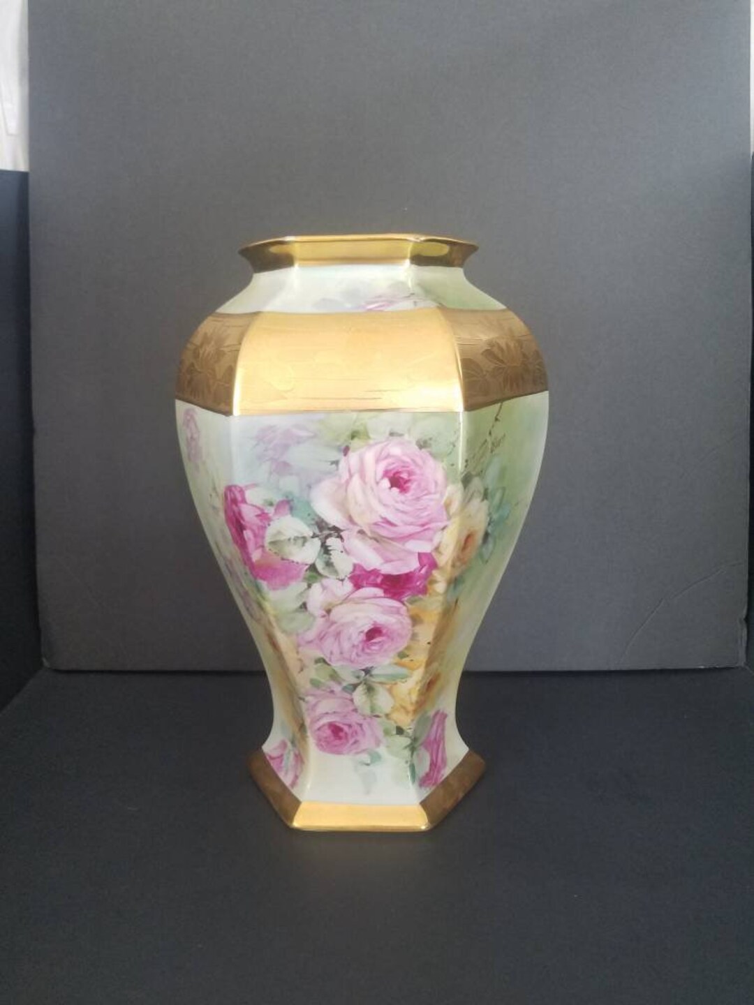 Antique Large Porcelain Limoges Vase Hand Painted Floral With Gold Gild ...