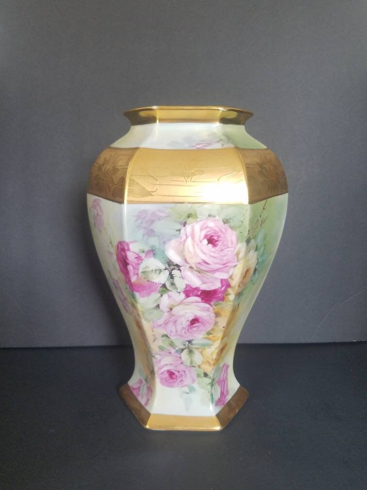 Antique Large Porcelain Limoges Vase Hand Painted Floral With Gold Gild ...