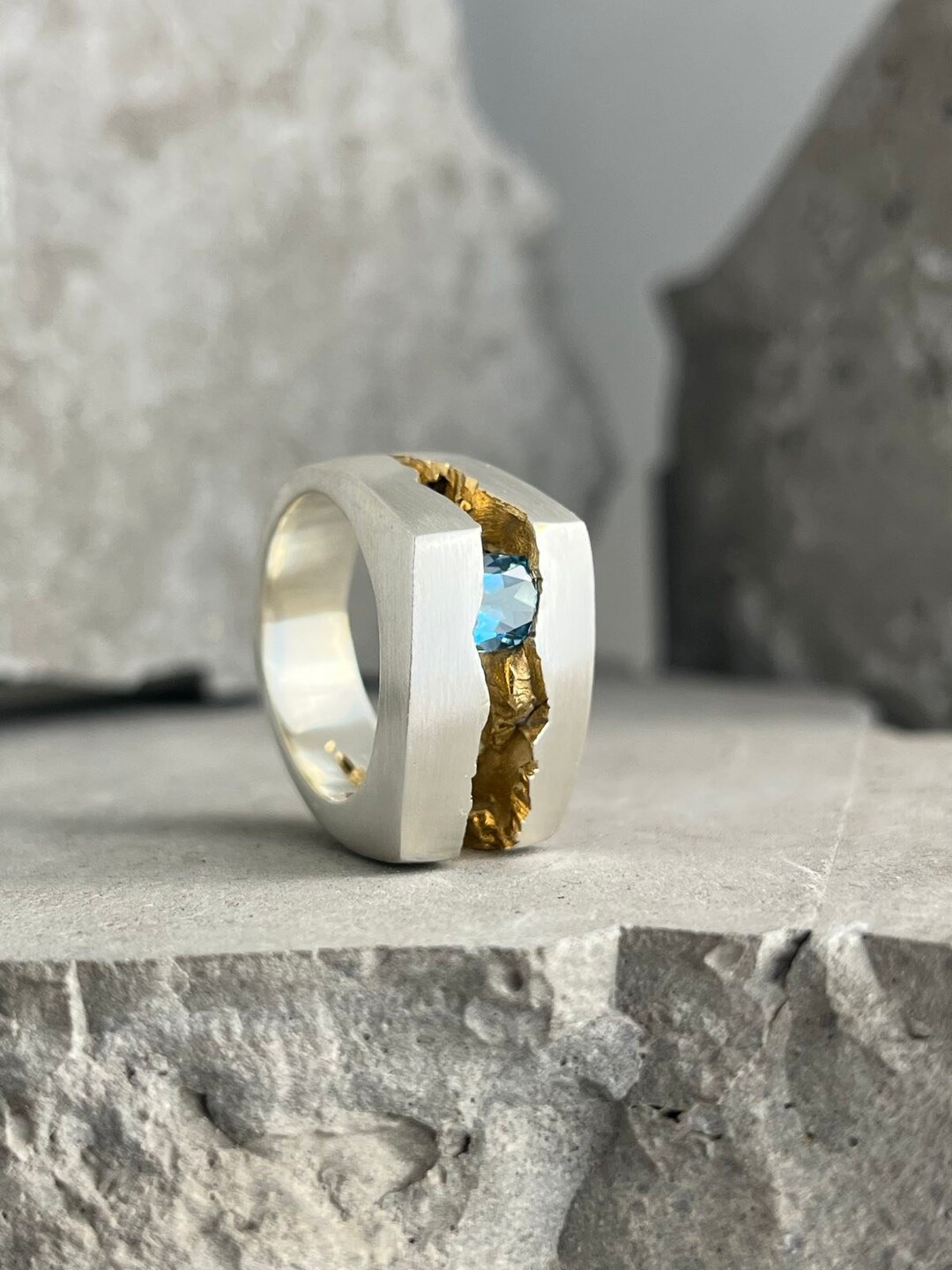 Ukrainian Silver Ring With Golden Dusting and Blue Topaz, Unique Design ...