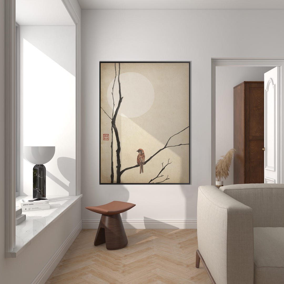 Japanese Sparrow Moon Wall Art Printable, Oriental Asian Landscape ...