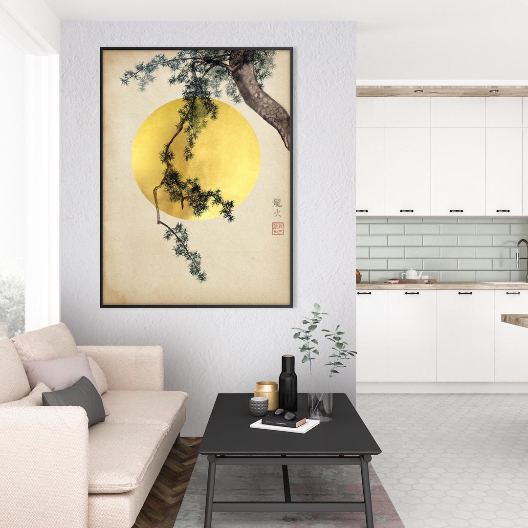 Japanese Golden Moon Pine Tree Printable, Oriental Asian Landscape ...