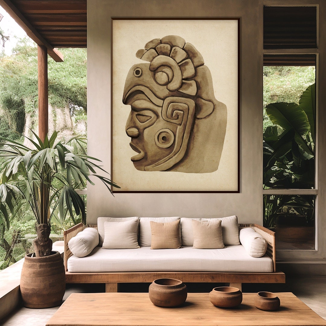 Aztec Mask Art Printable, Digital Wall Art Watercolor Pre Columbian ...