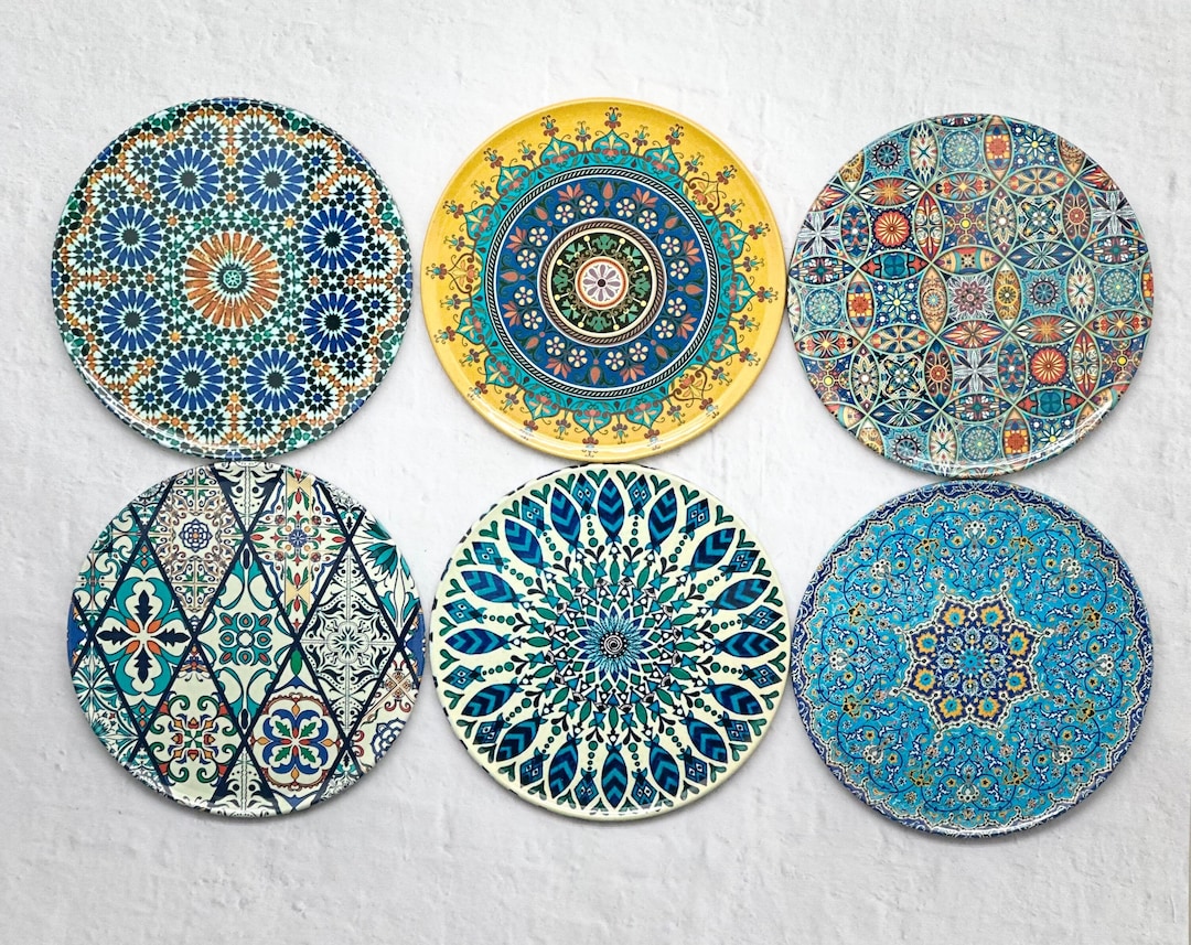 Boho Art Coasters | Set of 6 Tin Coasters With Cork Back - Etsy