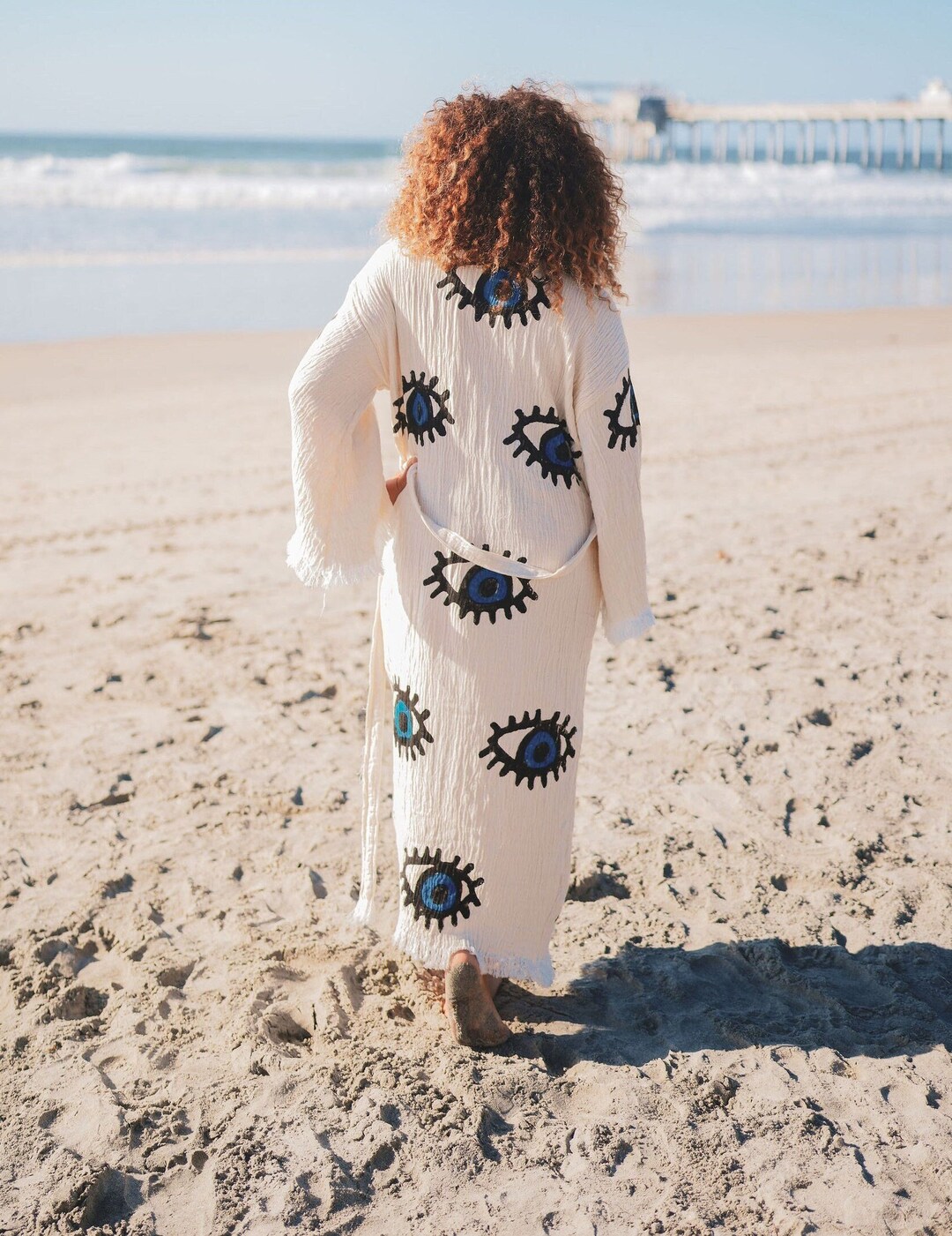 Festival Kimono: Handmade Evil Eye Design on Soft Muslin Cotton ...