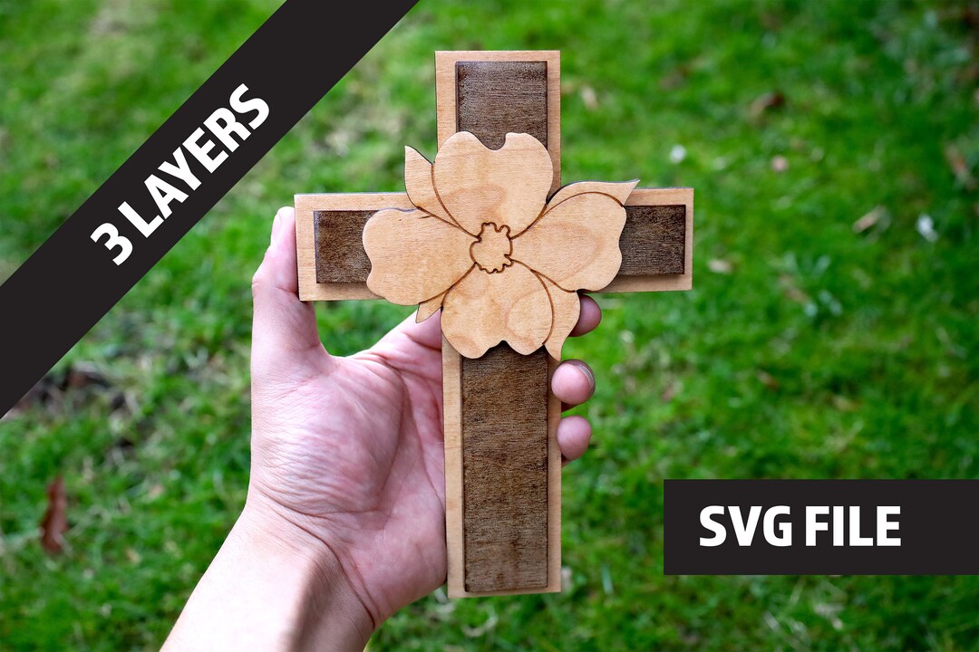 Decorative 3 Layer Wooden SVG File With Cross and Flower Design DIY - Etsy