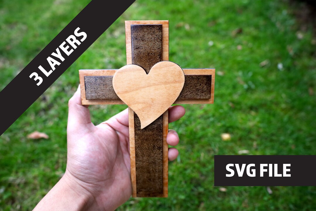 Decorative 3 Layer Wooden SVG, JPEG File With Cross and Heart Design ...