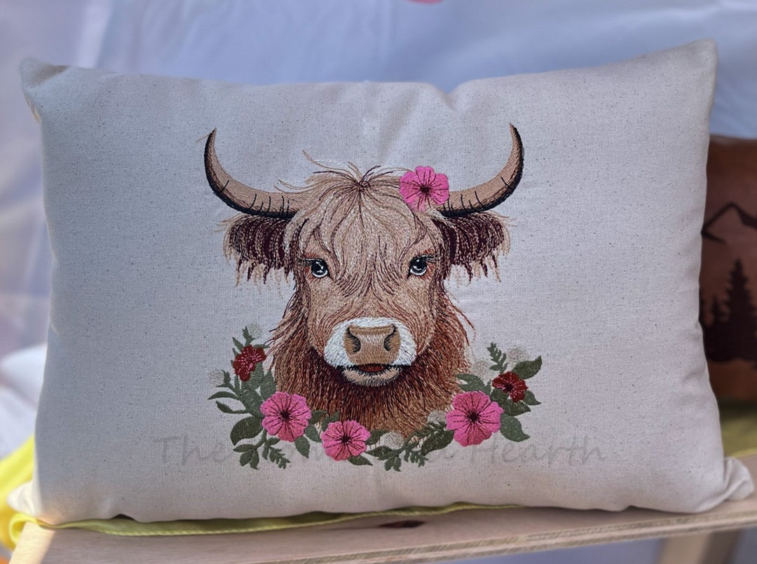 Highland Cow Embroidered Throw Pillow for Farmhouse and Cabin Decor ...