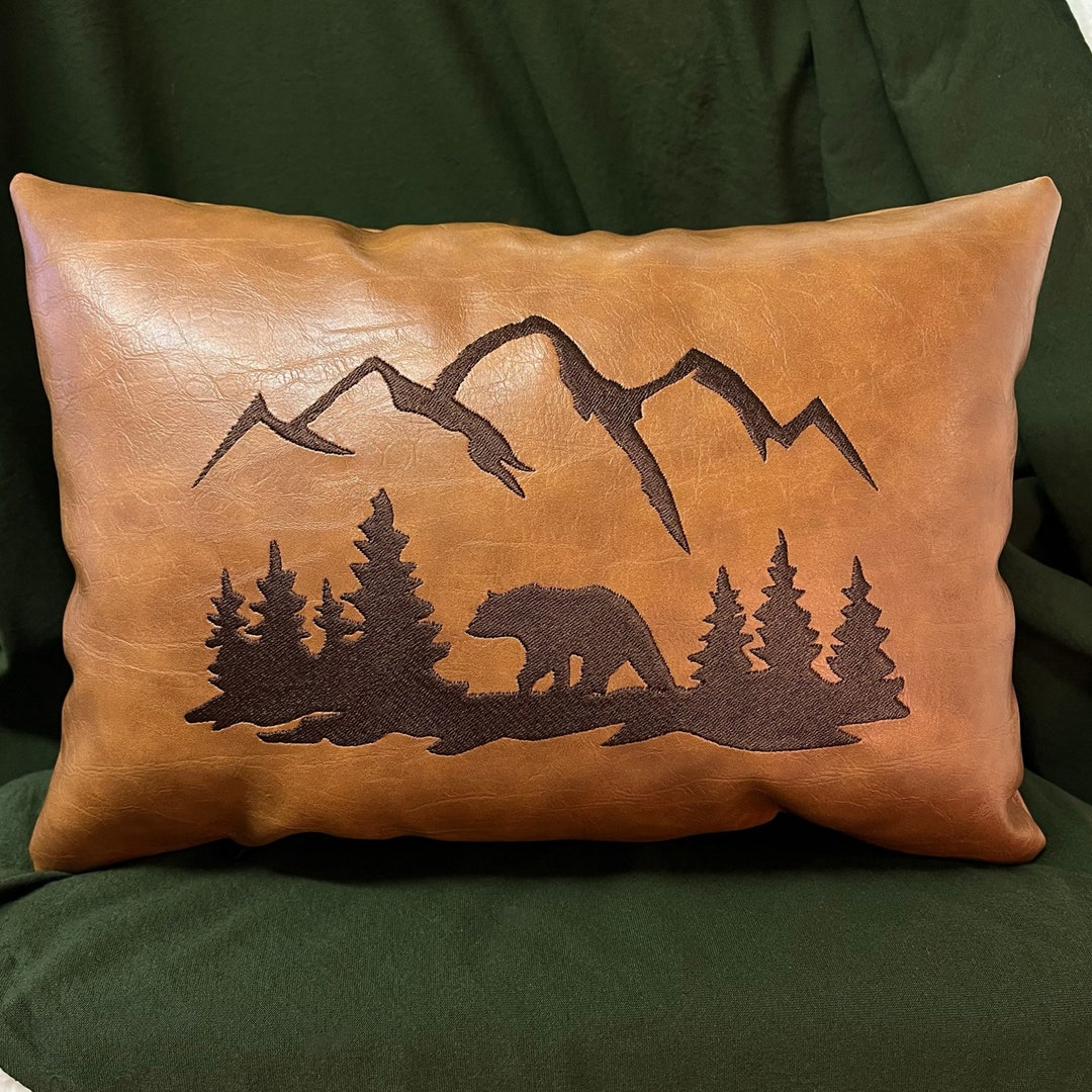 Leather Bear Pillow, Lodge Pillow, Rental Cabin Décor, Small Lumbar ...