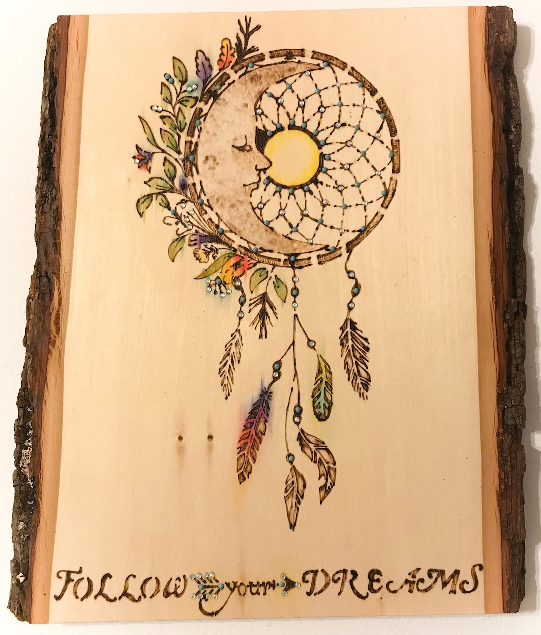 Hand Burned Wood Pyrography With Watercolor Dream Catcher; Live Edge ...