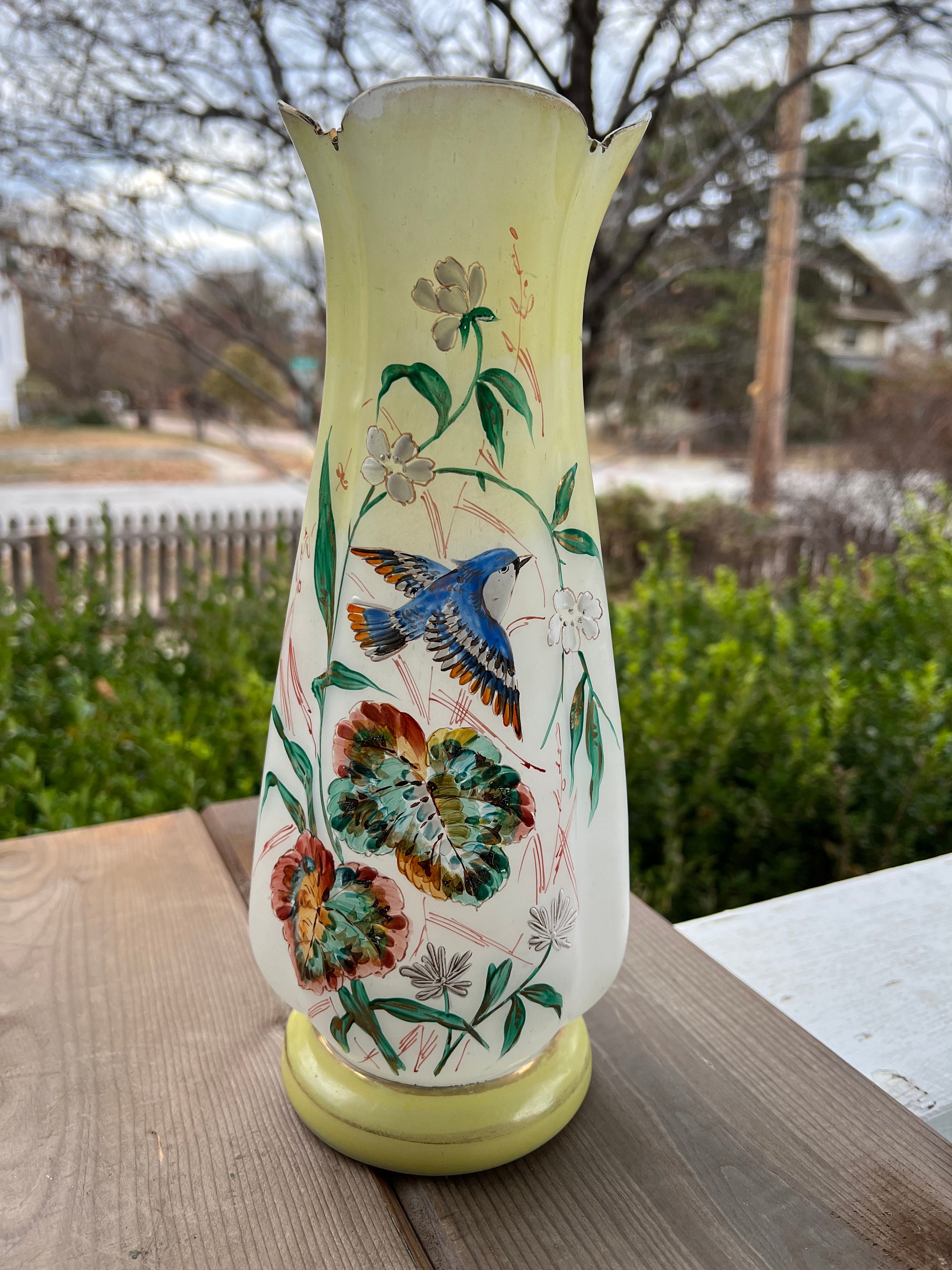 Hand Painted Enamel Bristol Glass Vase Blue Bird - Etsy