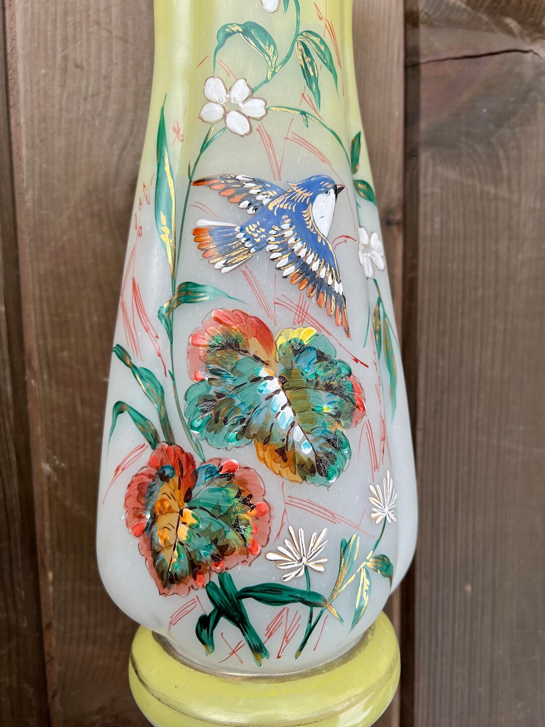 Hand Painted Enamel Bristol Glass Vase, Blue Bird - Etsy