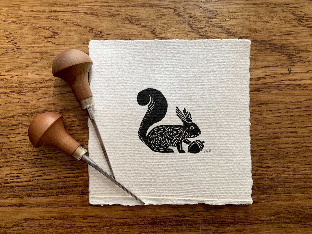 Squirrel Linocut Print | Black and White Gift for UK Woodland Animal ...