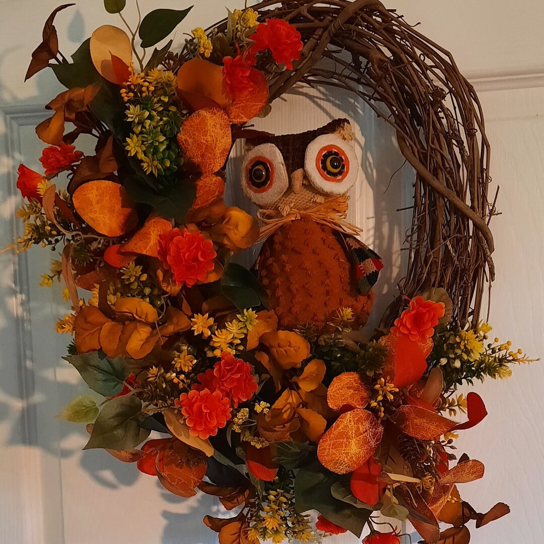Fall/autumn Owl Wreath, Front Door Fall Wreath, Wreath With Owl, Fall ...