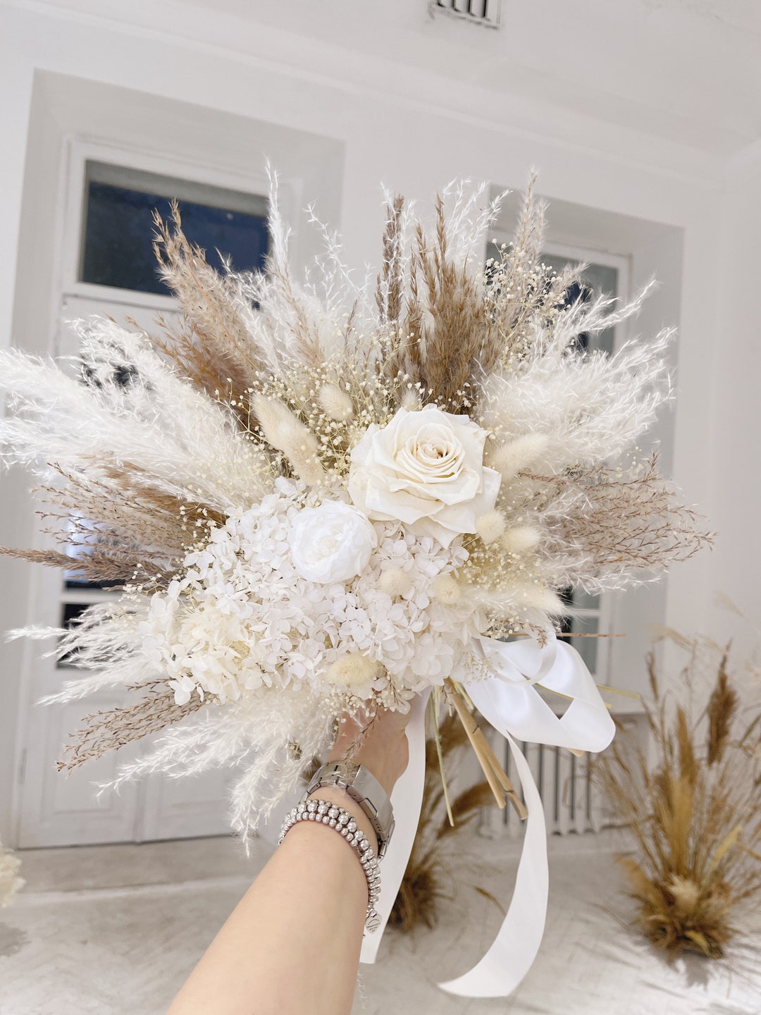 Boho Beige Wedding Bouquet Dried Flower Bouquet Pampas Grass White ...