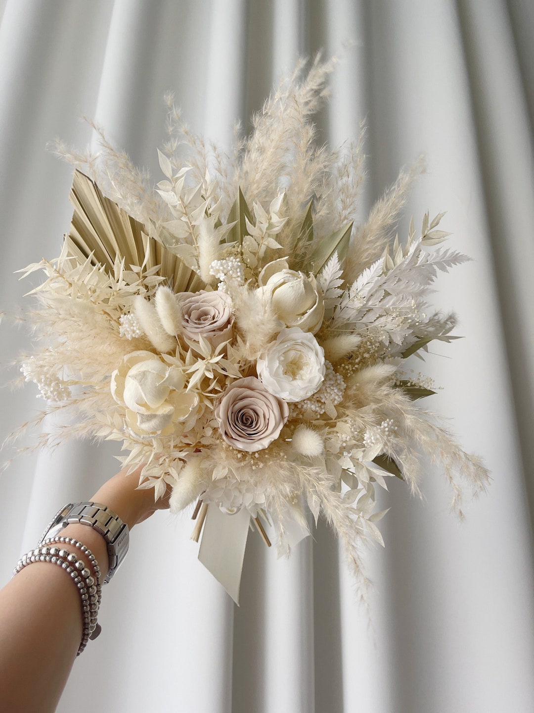 Boho Wedding Bouquet Beige Bridal Bouquet Dusty Rose White Blush Dried ...