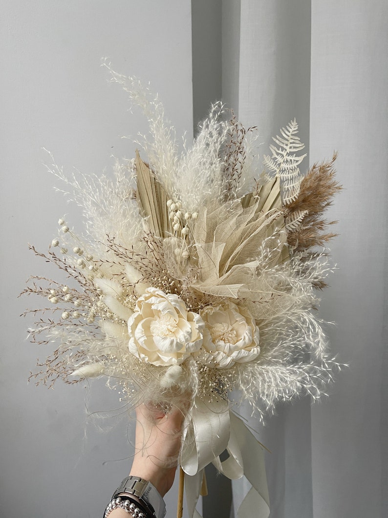 Fluffy Boho Wedding Bouquet White Cream Taupe Brown Pampas Grass Dried ...