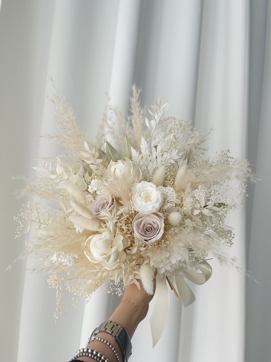 Beige Bridal Bouquet, Boho Wedding Bouquet, Bridesmaid Bouquet. Dusty ...