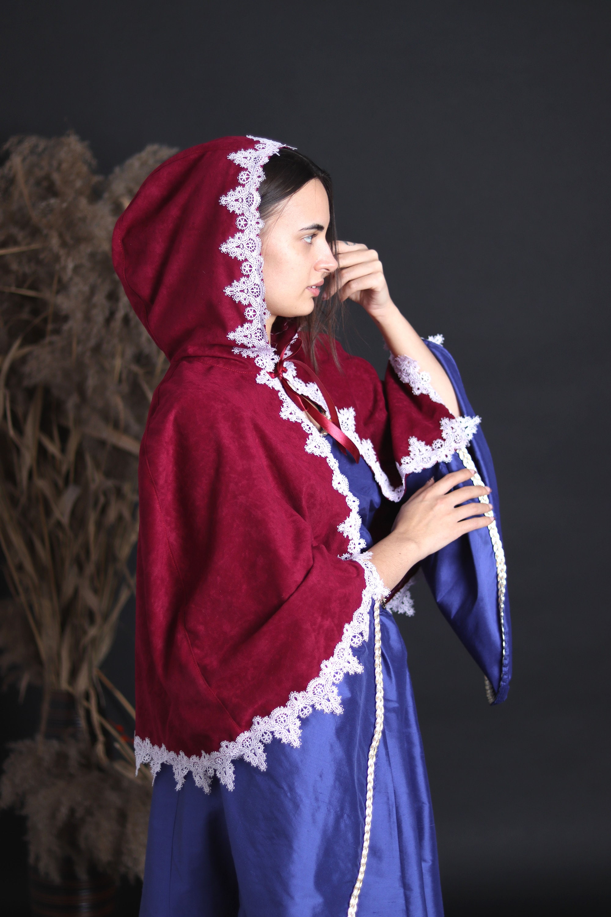 Venetian Hooded Capelet for Women Burgundy Velvet Cape With Lace ...