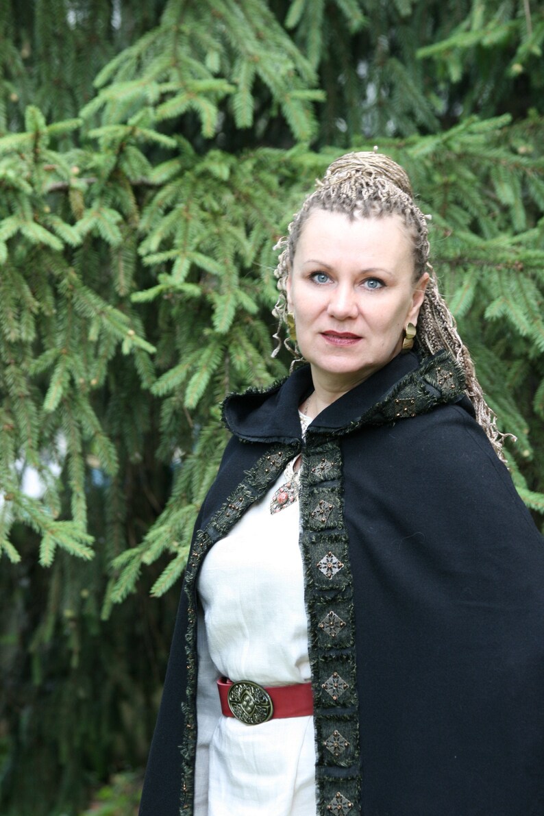 Black Elven Cloak With Fantasy Trim Pure Wool Hooded Viking Cape LARP ...
