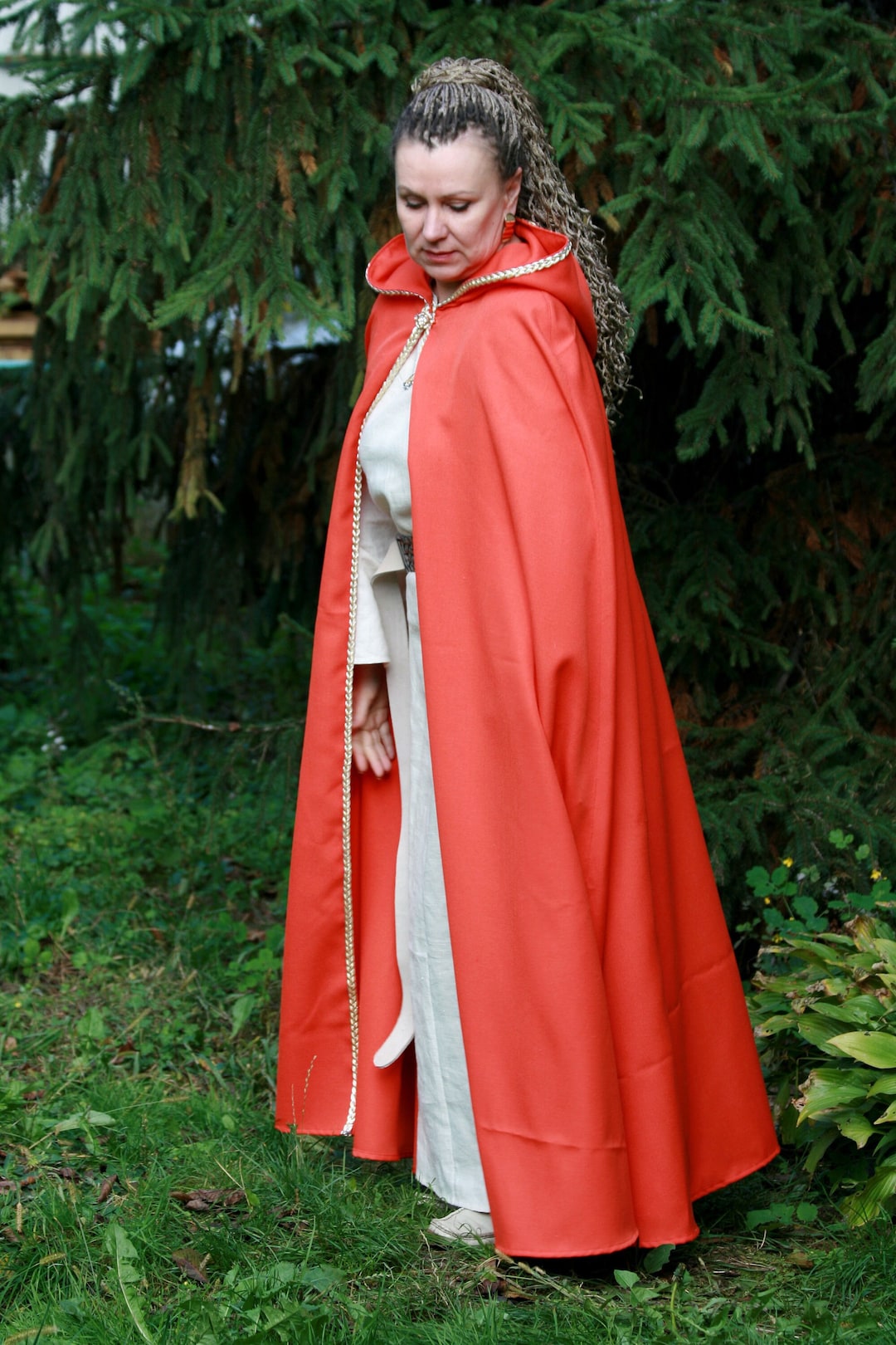 Venetian Hooded Cloak for Women Orange Pure Wool Elven Cape With Golden ...