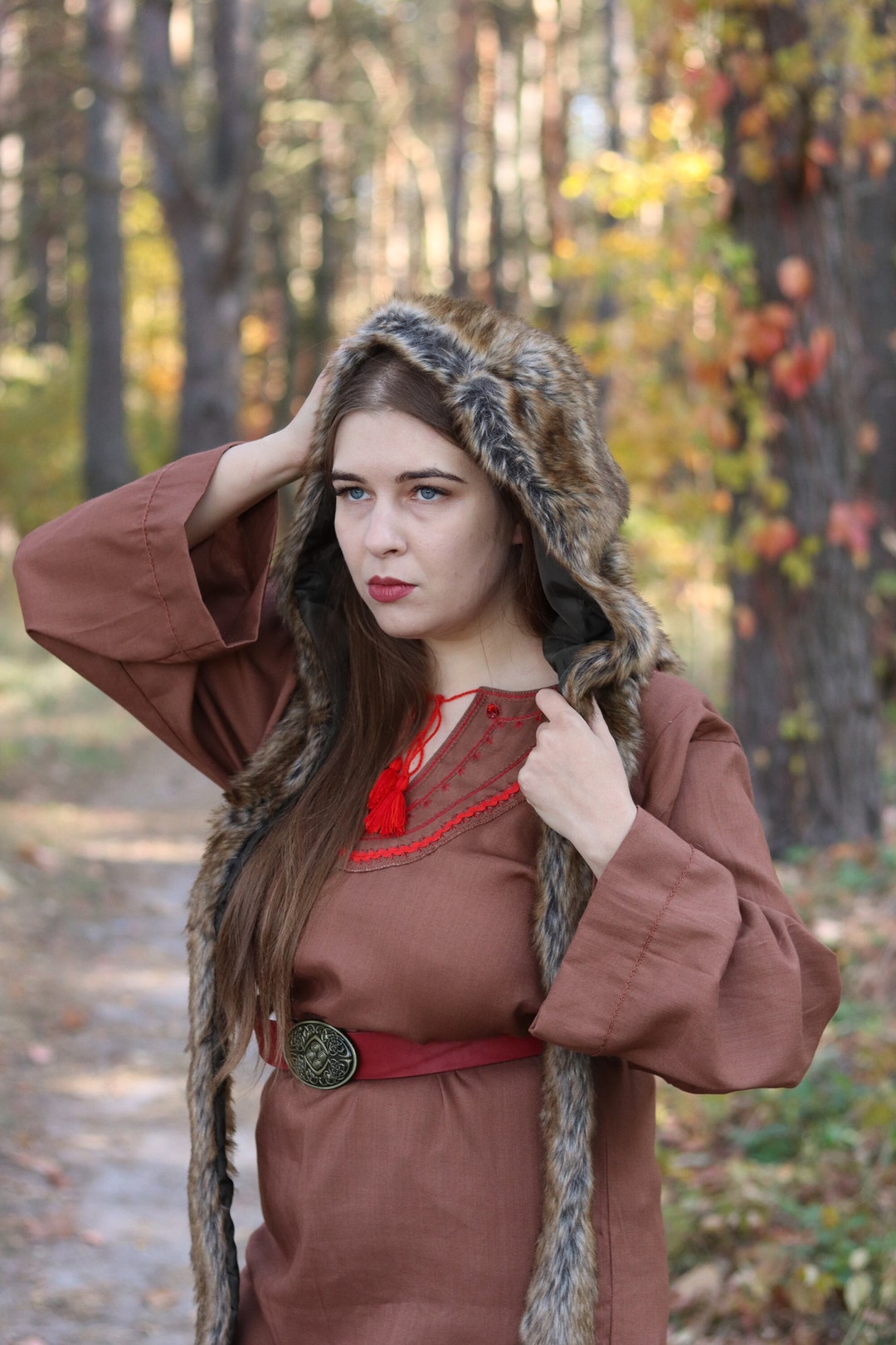 Medieval Brown Pagan Tunic for Women, Cotton Viking Shirt, Embroidered ...